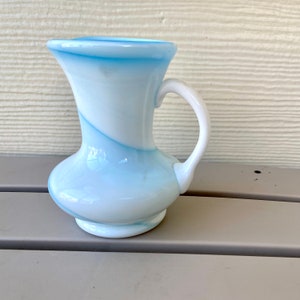 Kanawha Slag Art Glass Pitcher, Vintage Blue & White Swirl Vase, MCM ...