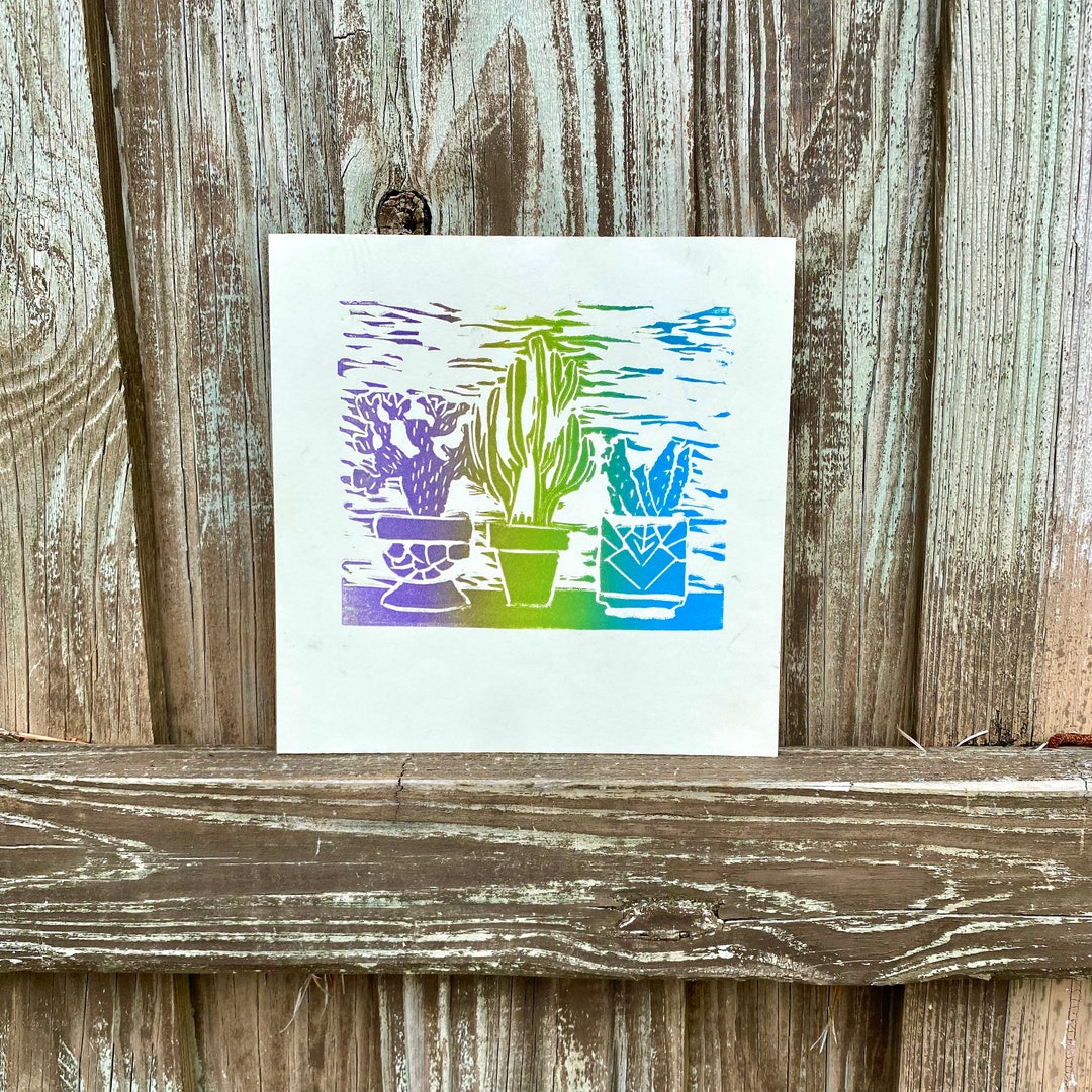 Linocut Cactus Print, Handmade Multi-colored Southwest Linoleum Block ...