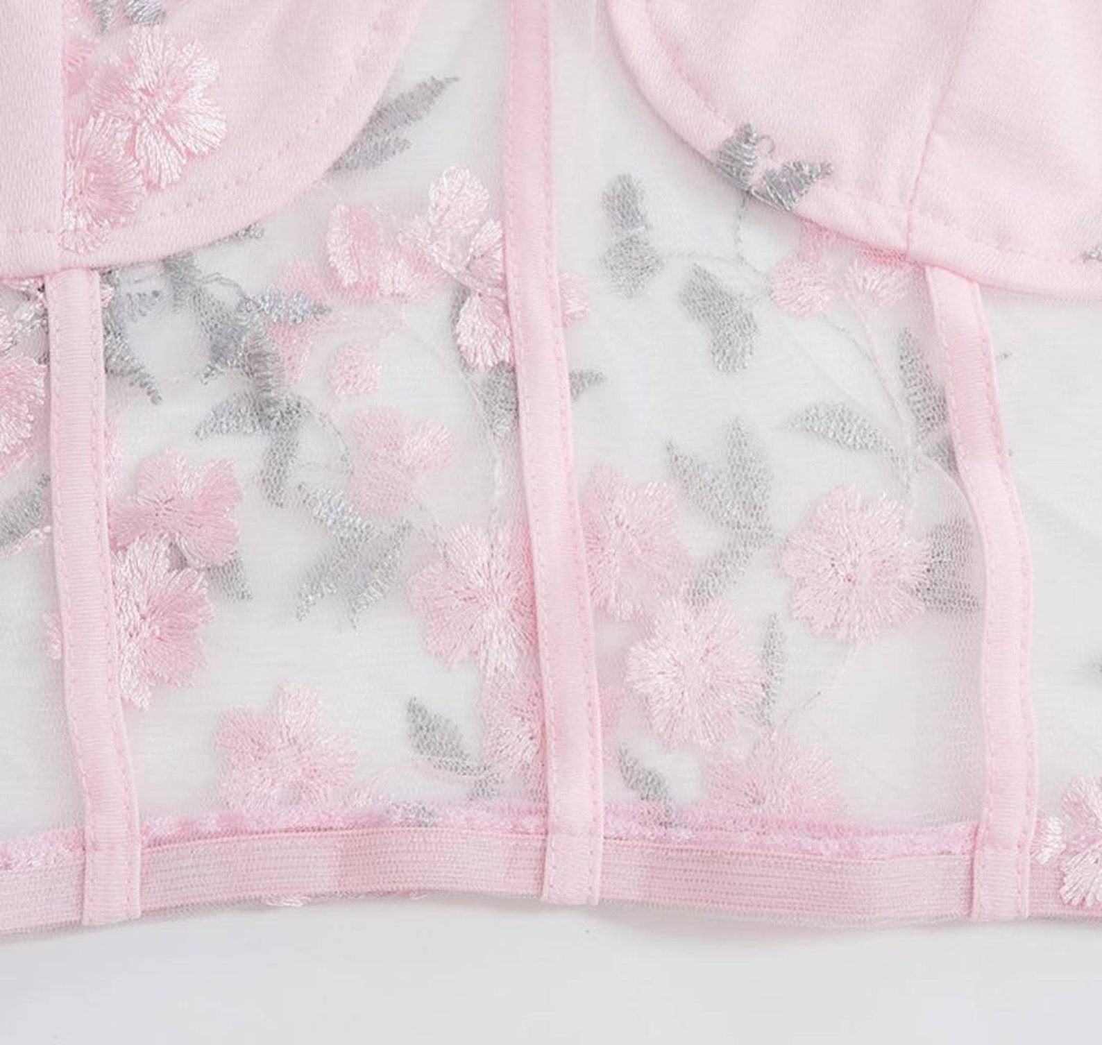 Floral Women Embroidery Mesh Puff Sleeves Top Blouse Pink Mesh Corset