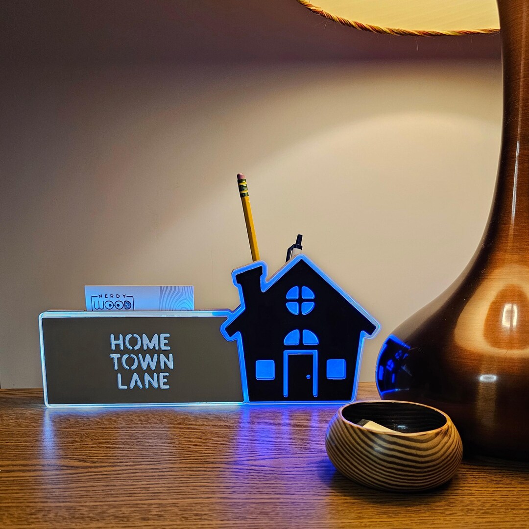 Edge Lit LED Desk Organizer: House Night Light, Business Card Holder - Etsy