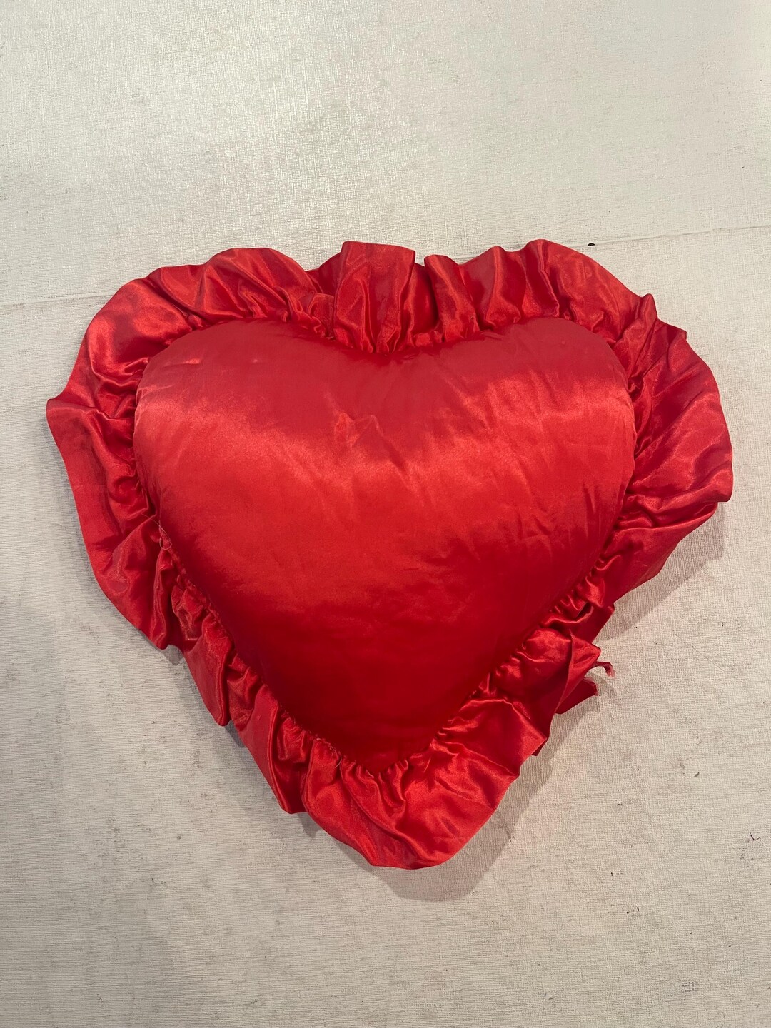 Vintage Thick Red Satin Ruffle Heart Accent Pillow. Small Size. so ...
