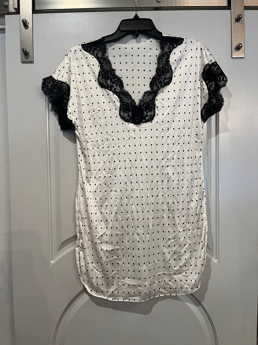 Vintage White and Black Polka Dot Satin Nightgown With Black Lace. GUC ...