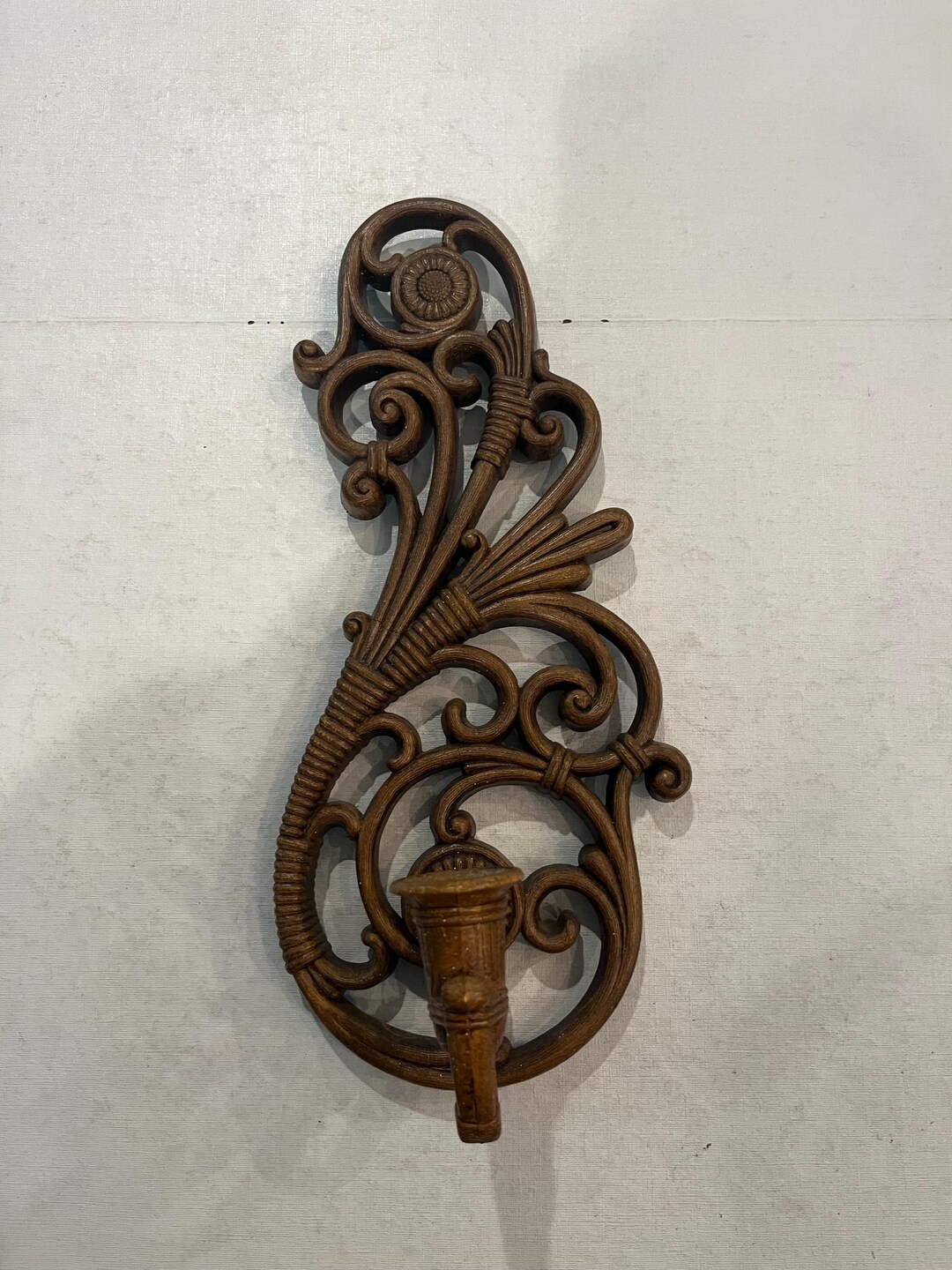 Vintage 70s Faux Bois Wicker Style Scrolling Floral Wall Sconce. GUC ...