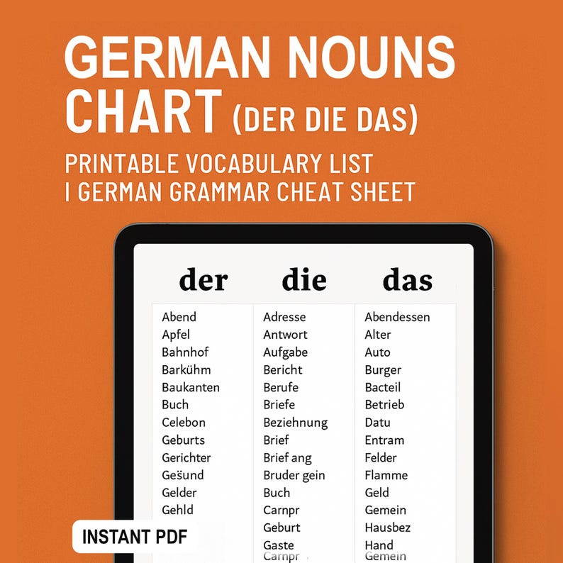German Noun Genders Chart: 120 Common Nouns (PDF Download) - Etsy