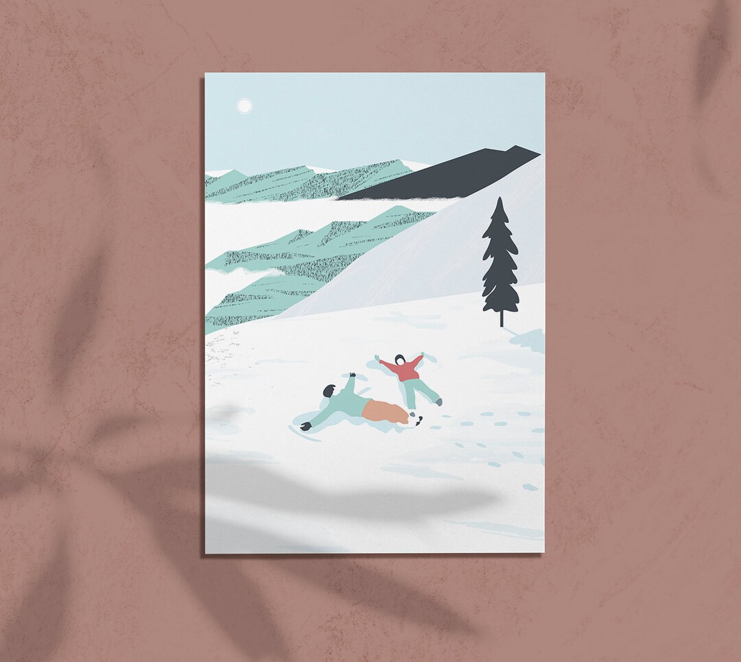 Postcard SNOW ANGEL, Family Friends Illustration, Snow Mountain Ski ...