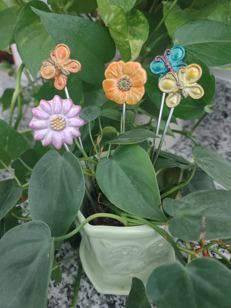 Flowers & Butterfly Pewter Plant Stakes in Vibrant Colors - Etsy