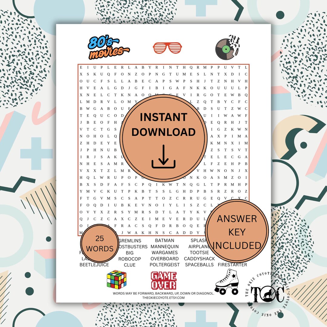 Printable Word Search 80s Movies Puzzle Game Activity Answer Key ...