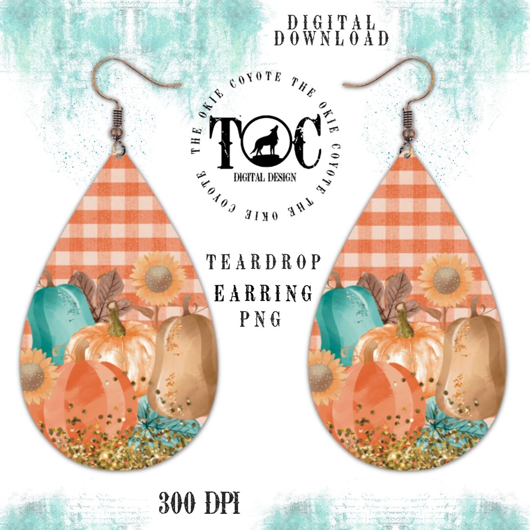 Teardrop Earring PNG, Fall Country Pumpkins, Sublimation Earring Blank ...