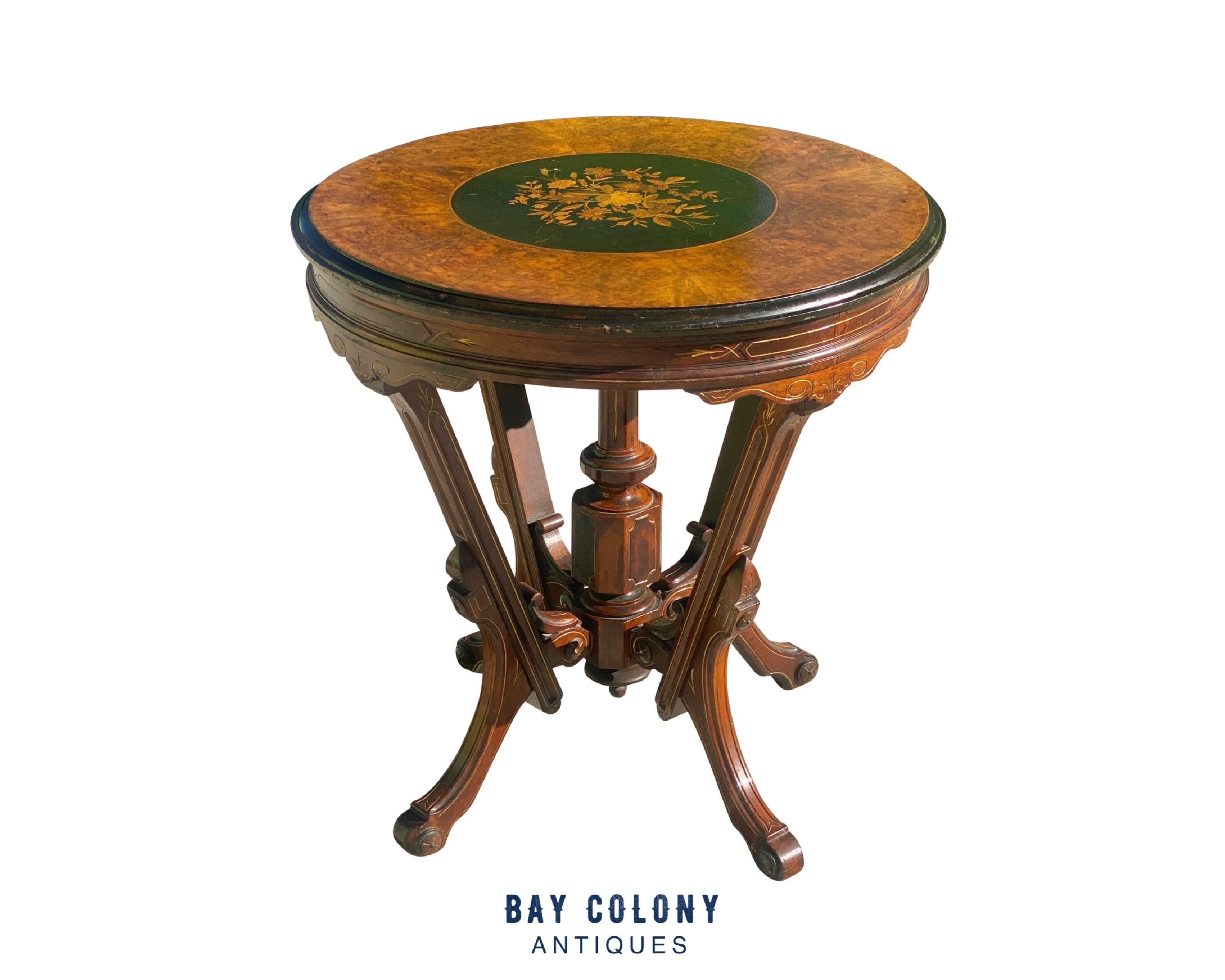 Victorian Renaissance Revival Burled Walnut Floral Marquetry Inlaid ...