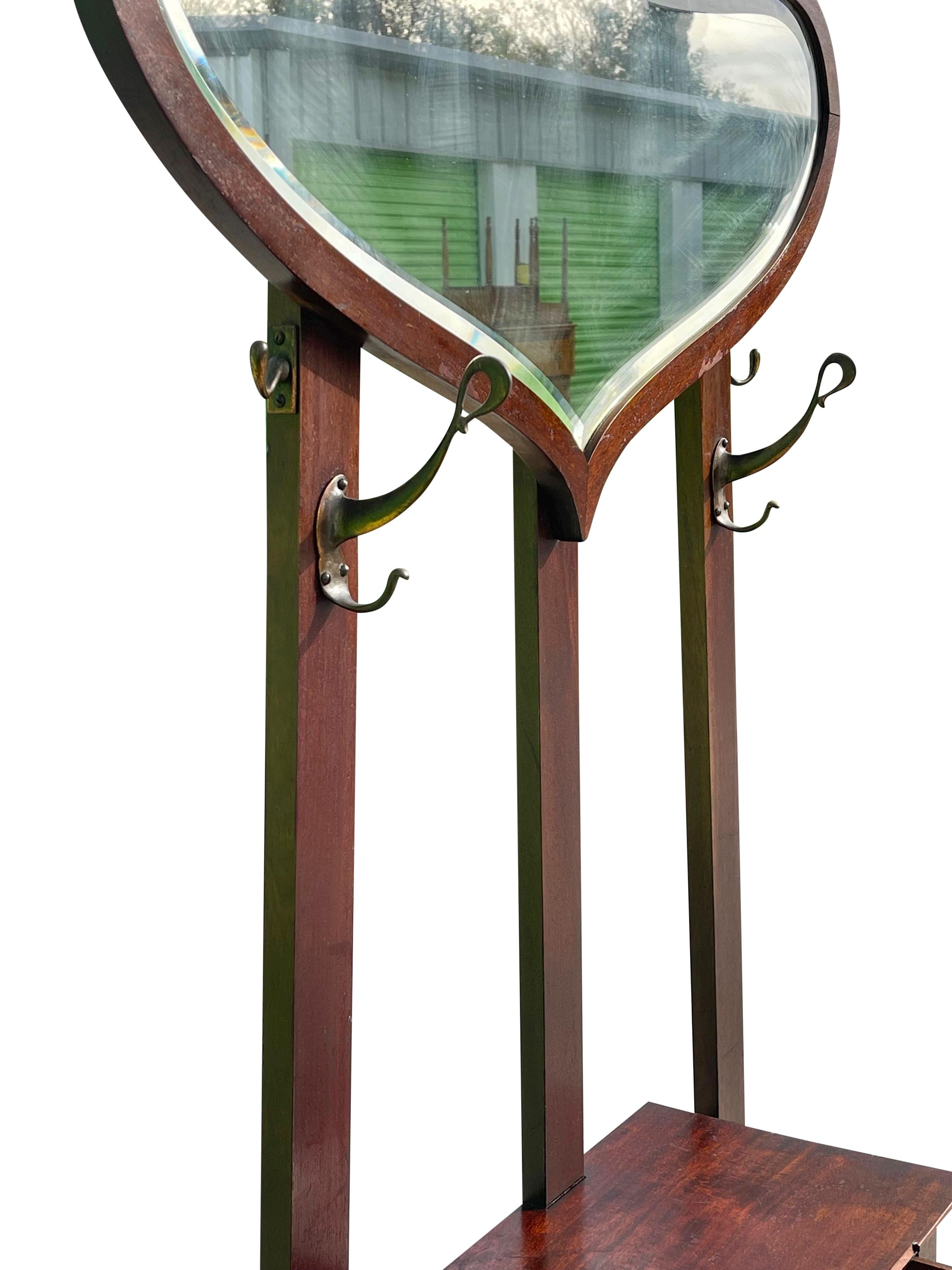 Antique Art Nouveau Mahogany Hall Tree With Rare Heart Shaped Beveled ...