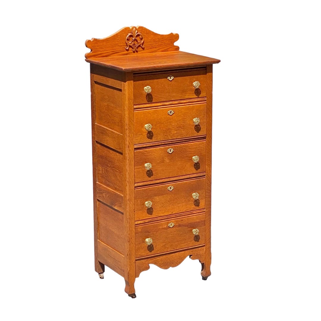 Antique Victorian Oak Five Drawer Lingerie Chest With Scrolled & Carved ...