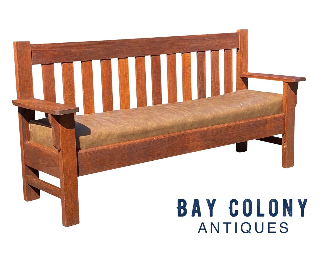 Antique Arts & Crafts / Mission Oak Bench 6.5 Feet Long With Leather ...