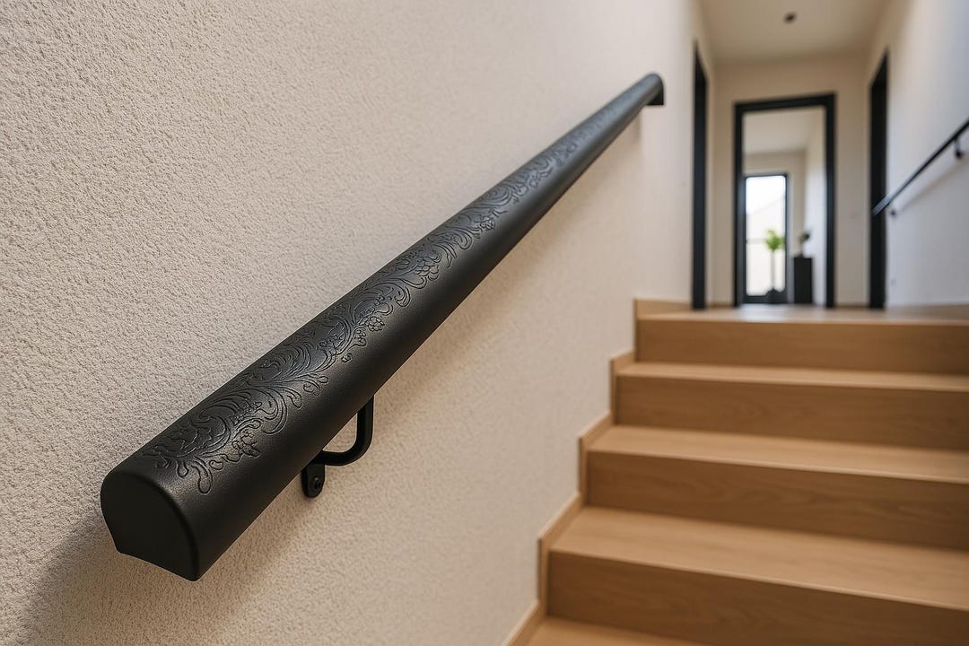 Custom Wrought Iron Handrail – Wood Texture Finish – Wall Mounted Stair ...