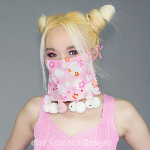 Cute Kawaii Pink Bunny Mask Covering With Dangling Bunnies - Etsy