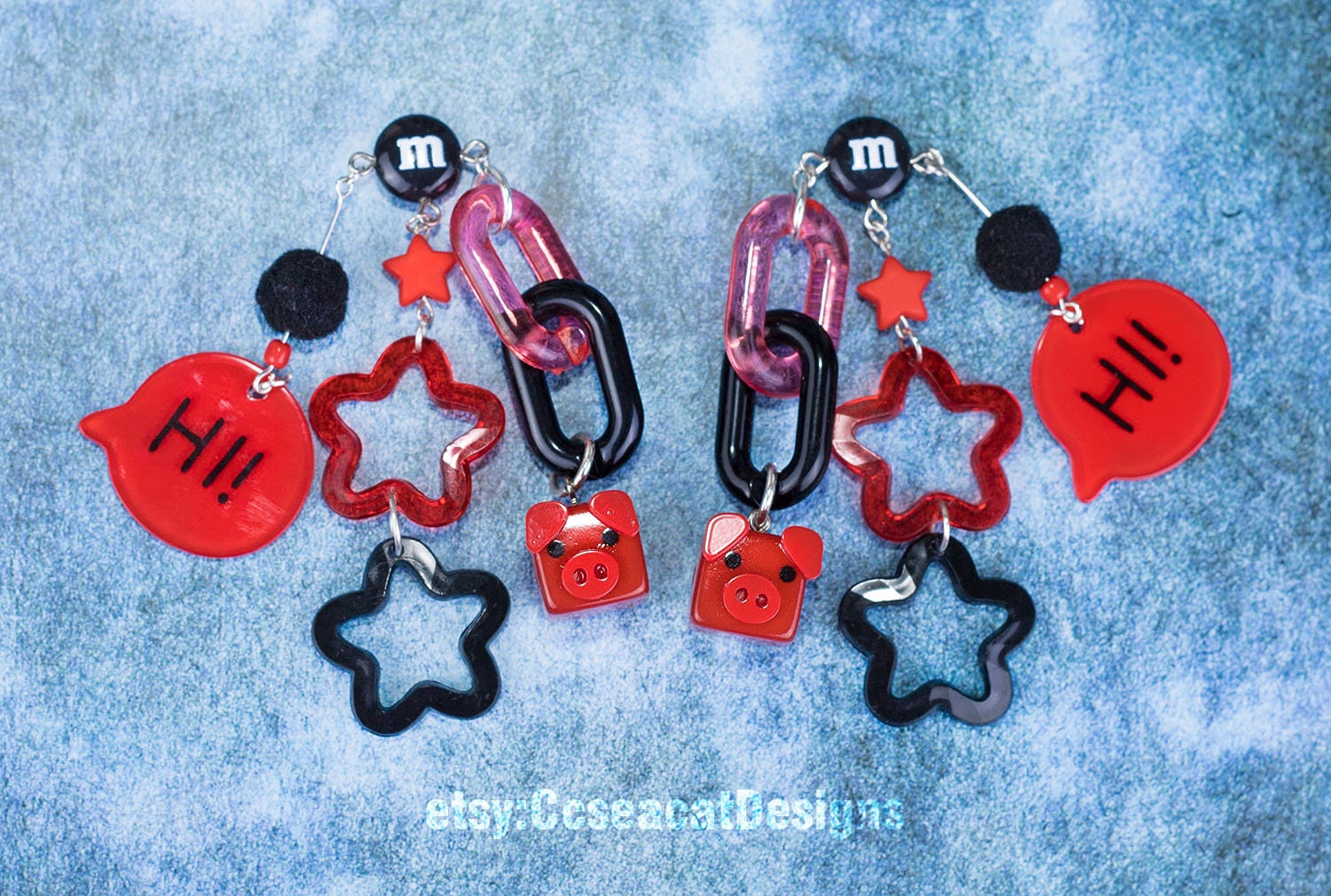 Kawaii Cute Red and Black Hi Pig Earrings with | Etsy