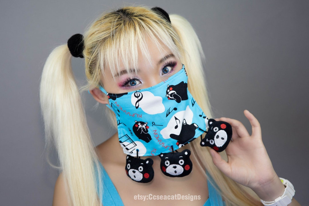 Washable Kawaii Cute Blue Kumamon Face Covering, Face Mask, With ...