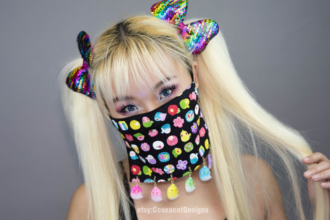 Kawaii Cute Japanese Birds and Flowers Rainbow Color Mask Covering With ...