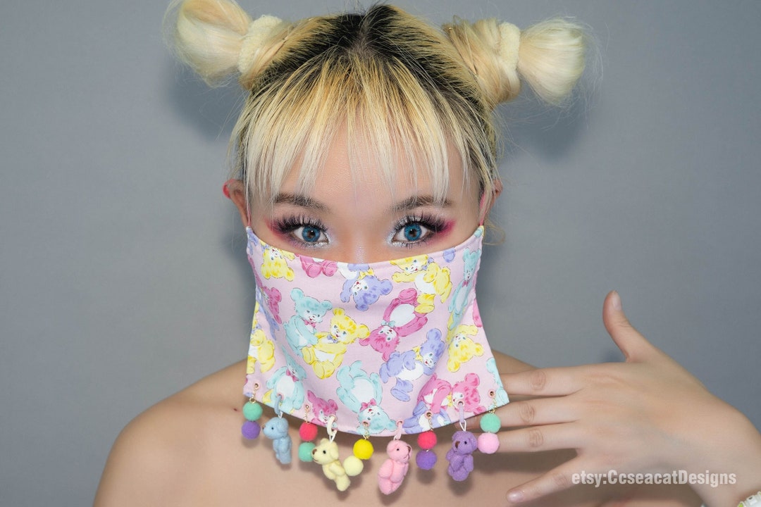 Kawaii Rainbow Color Bear Face Mask Covering With Dangling Stuffed ...