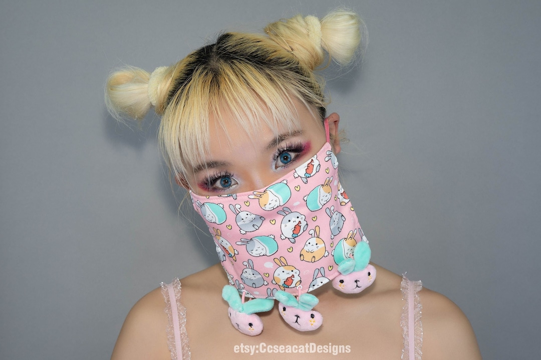 Kawaii Cute Pink Bunny Face Mask Covering With Stuffed Bunnies - Etsy