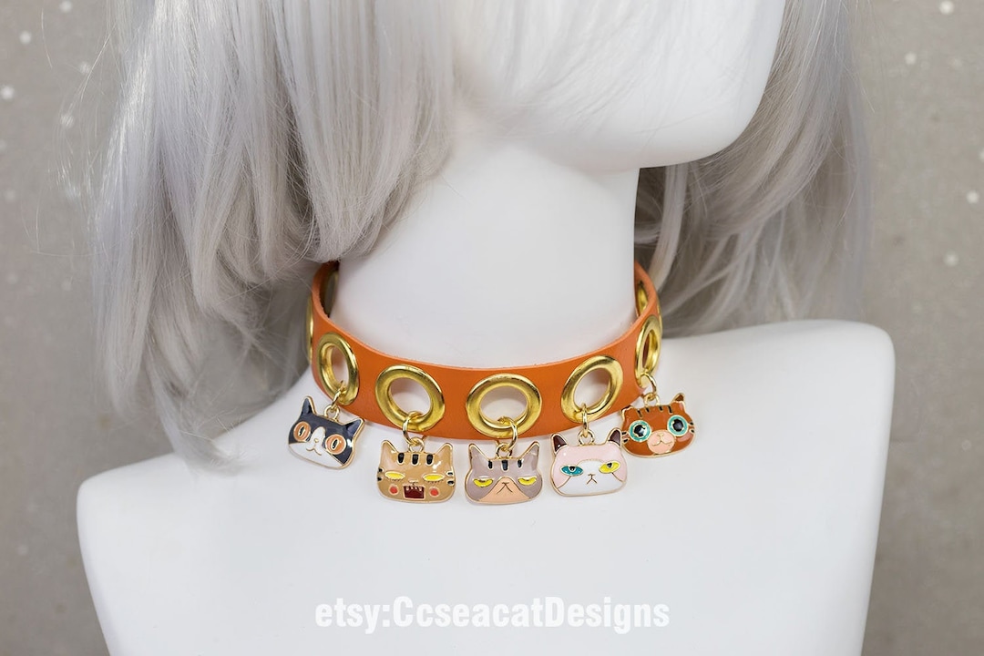 Cute Kawaii Cats Orange Faux Leather Choker, Necklace, Harajuku Style ...