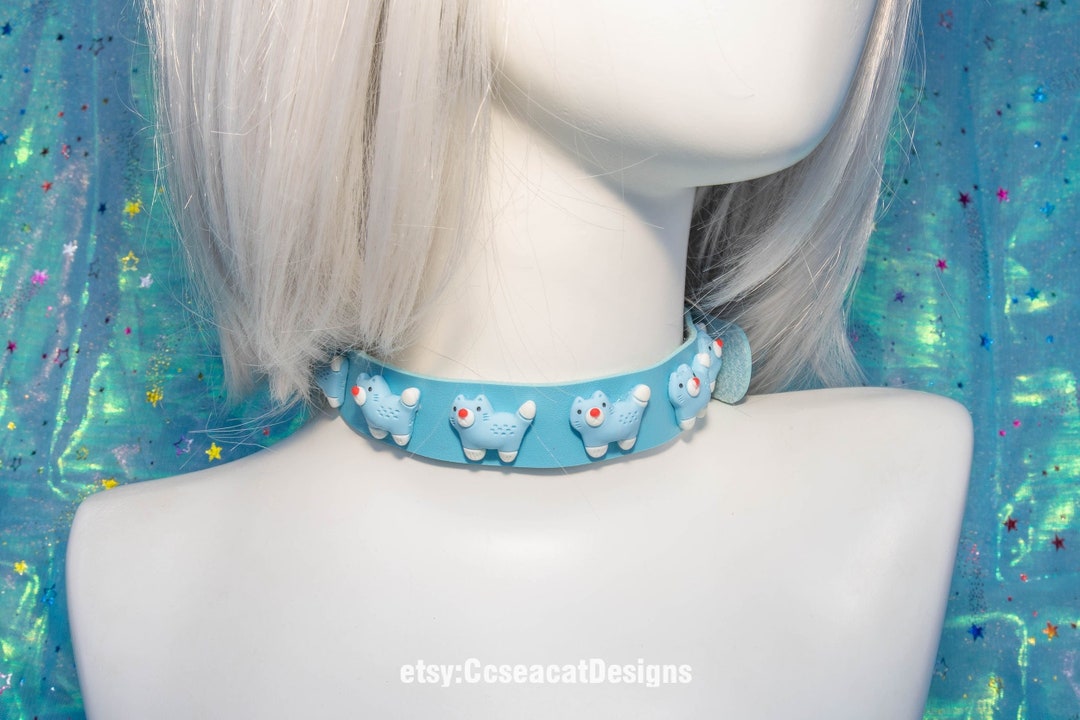 Kawaii Cute Silly Cat Blue Faux Leather Choker, Necklace, Harajuku ...