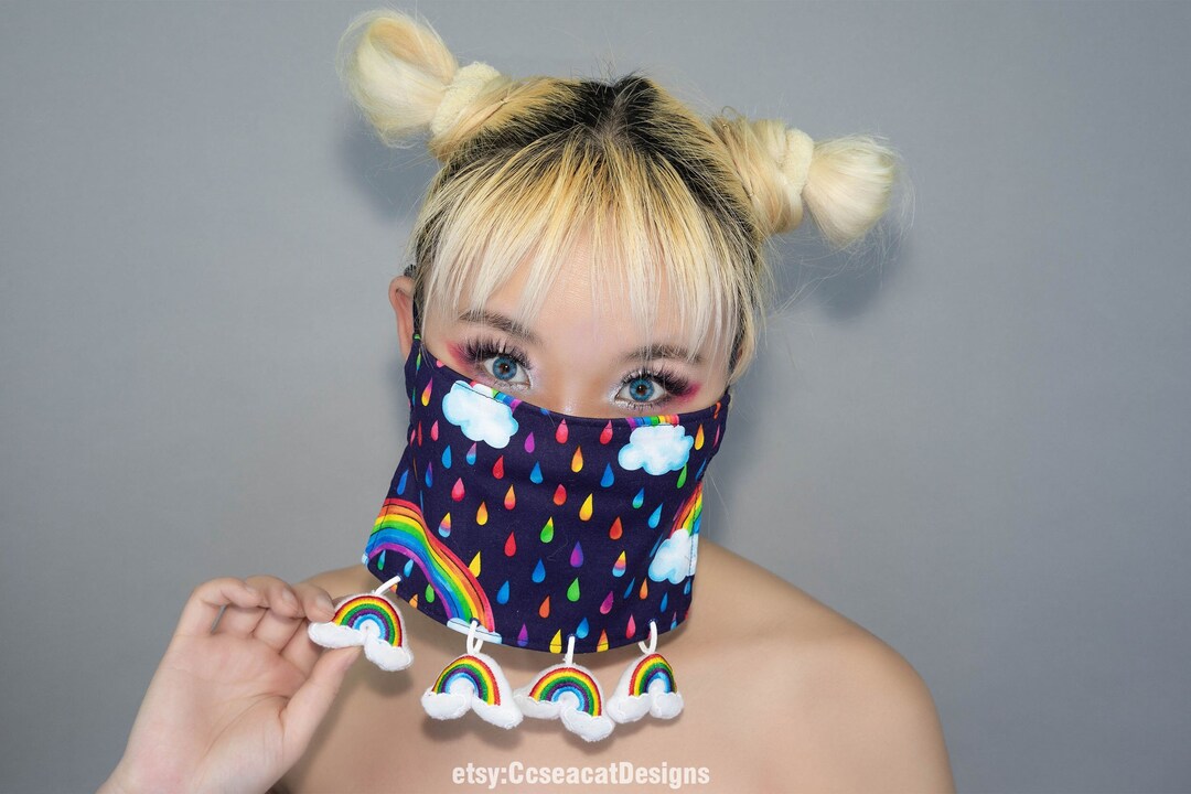 Kawaii Cute Rainbow Face Mask Covering With Dangling Stuffed Rainbows ...