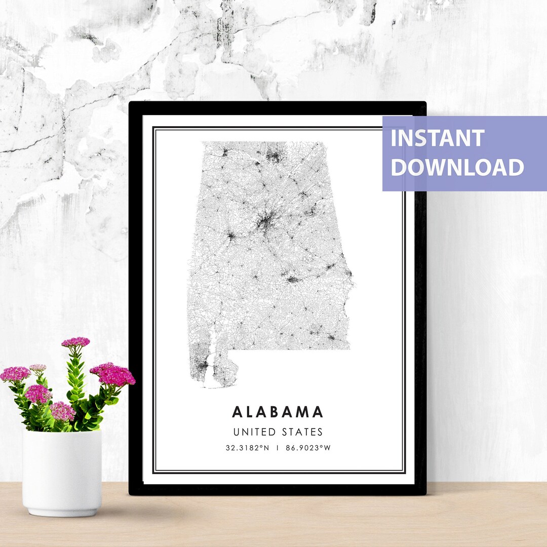 Alabama Map Print, Downloadable, State Road Map Print, AL USA United ...