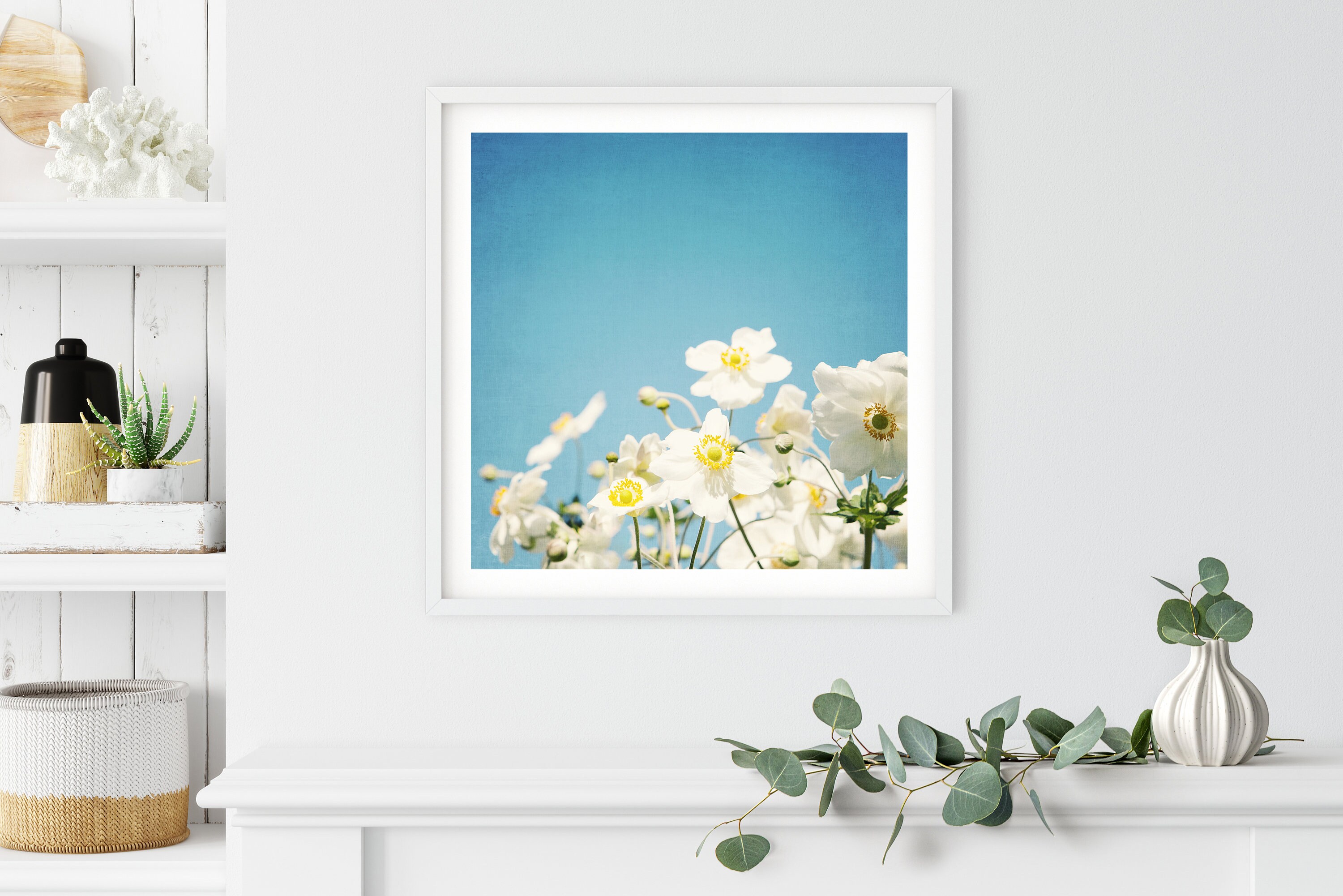 White Japanese Anemone Flower Framed Print Blue and White Summer Garden ...