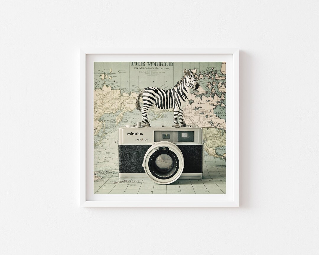 Zebra, Map and Minolta Camera Nursery Wall Art Framed Print, Canvas or ...