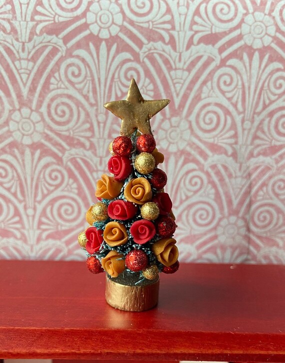 1:12 Scale Christmas Tree Gold Balls Fir Tree Roses Miniatures | Etsy