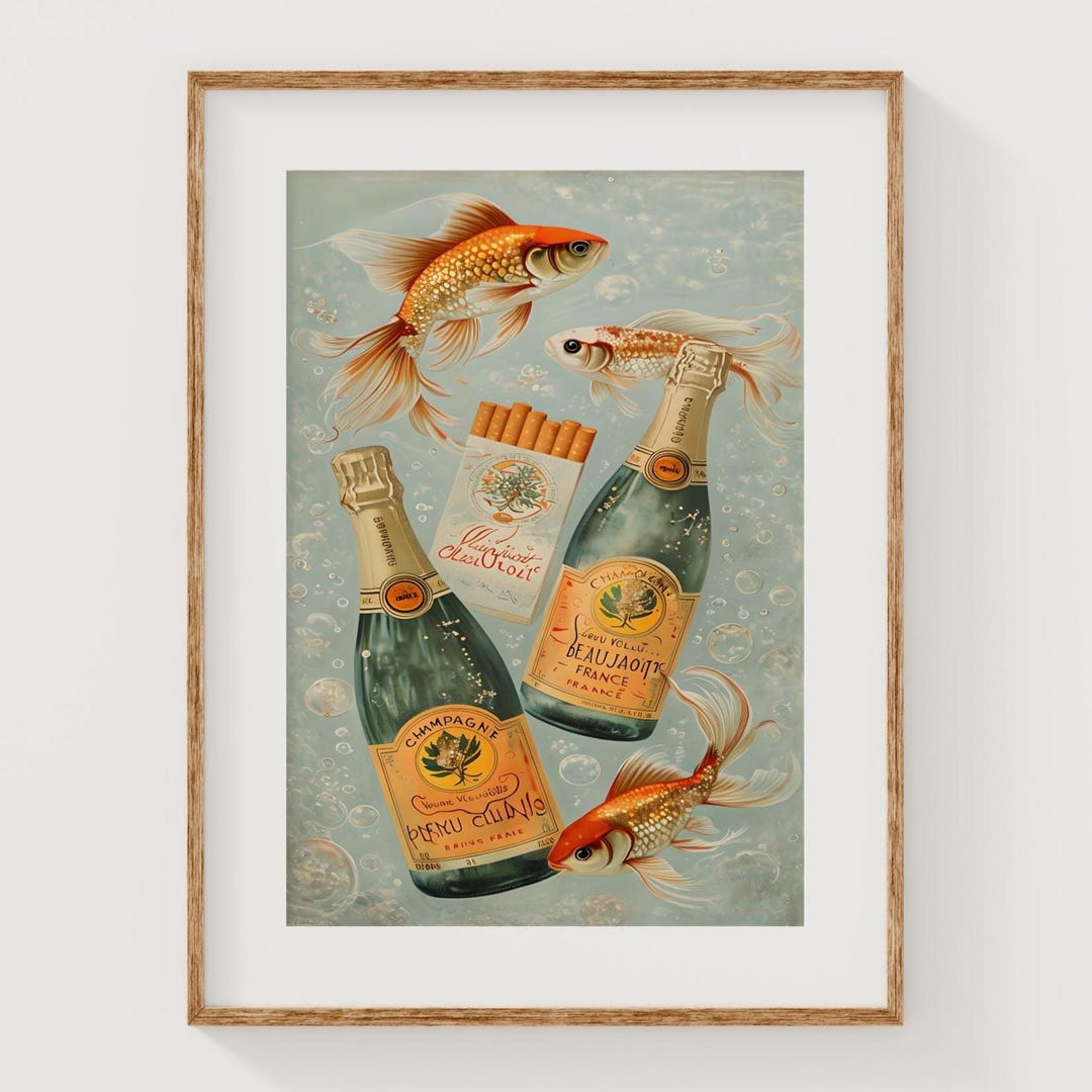 Retro Champagne Koi Fish Poster Print, Vintage French Champagne ...