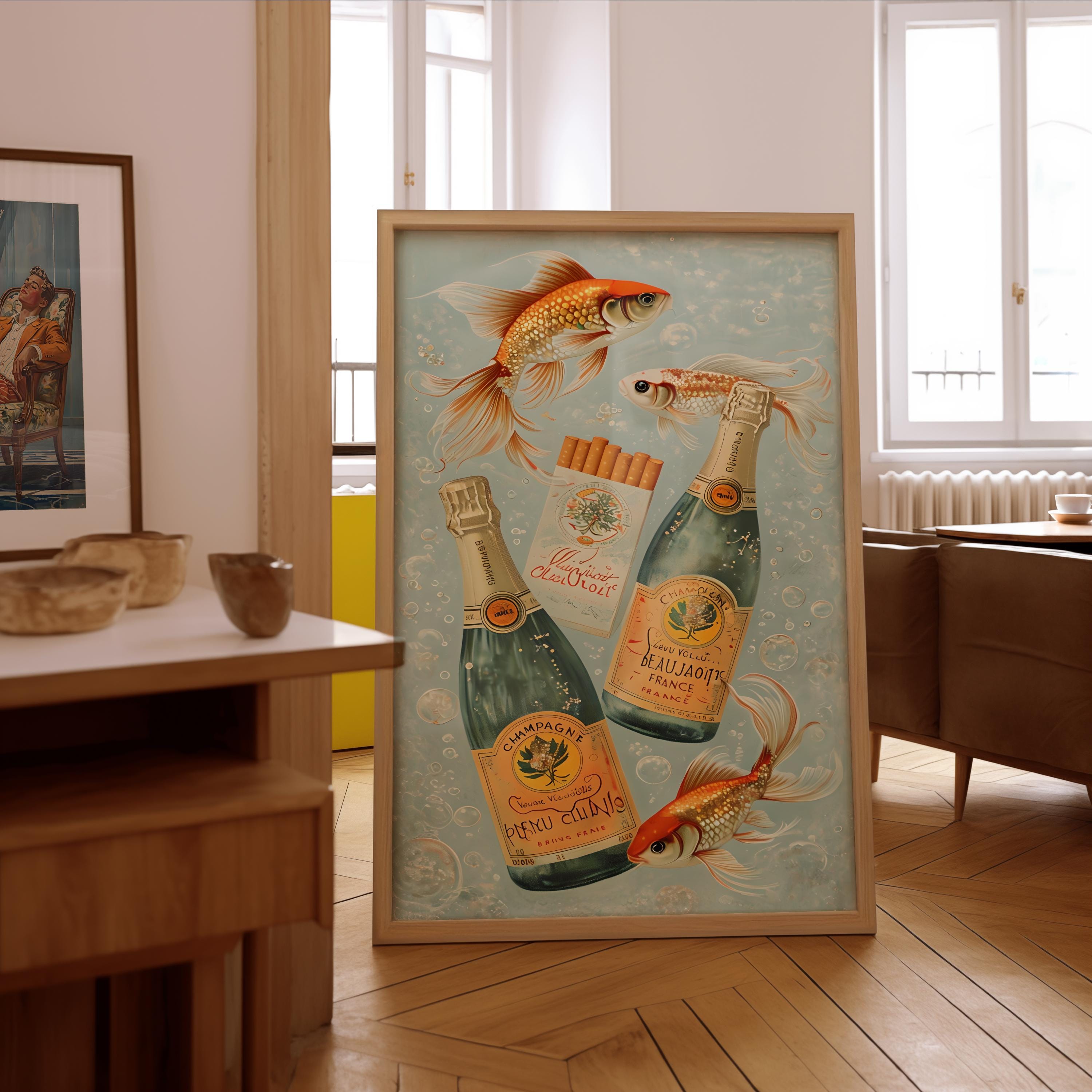 Retro Champagne Koi Fish Poster Print, Vintage French Champagne ...