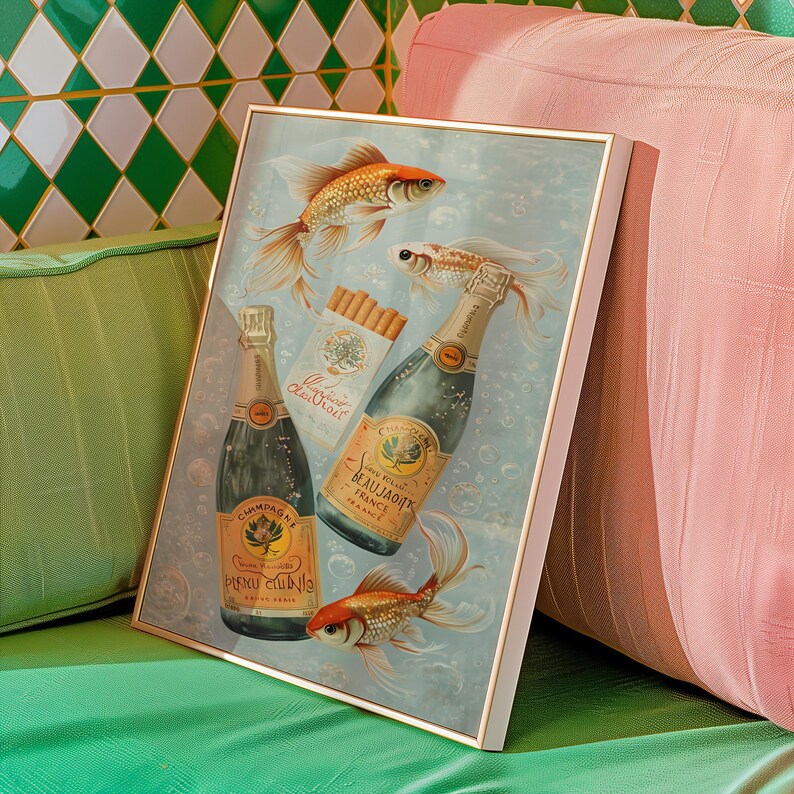 Retro Champagne Koi Fish Poster Print, Vintage French Champagne ...