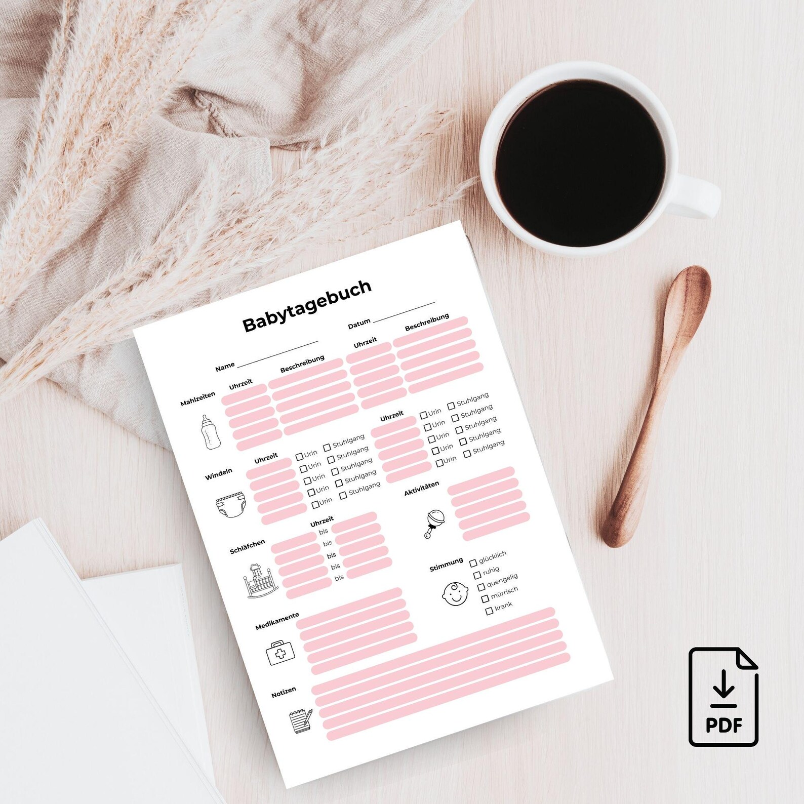 Baby Diary PDF Template for Printing - DIN A4 Daily Planner for Meals ...