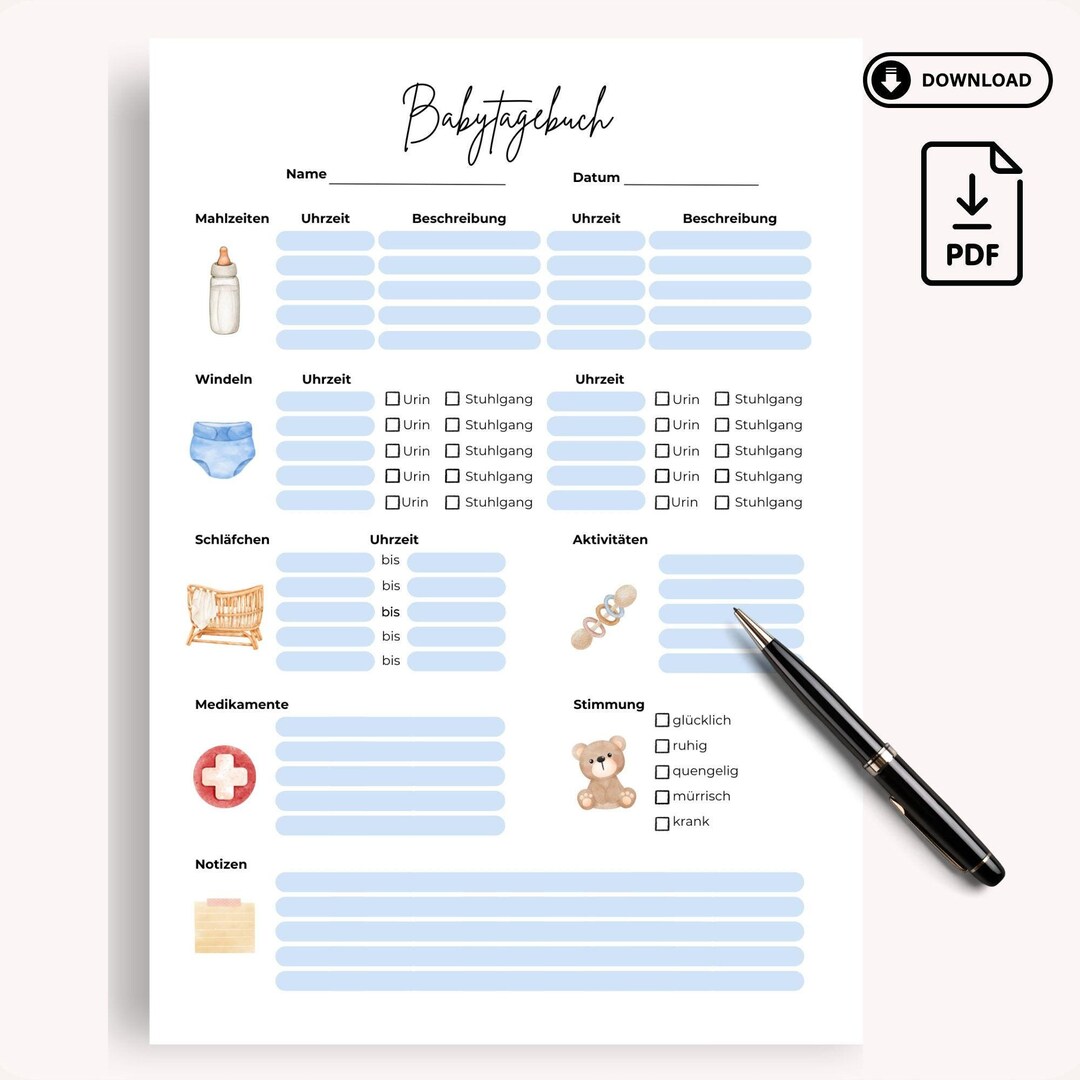 Baby Diary PDF Template for Printing - DIN A4 Daily Planner for Meals ...
