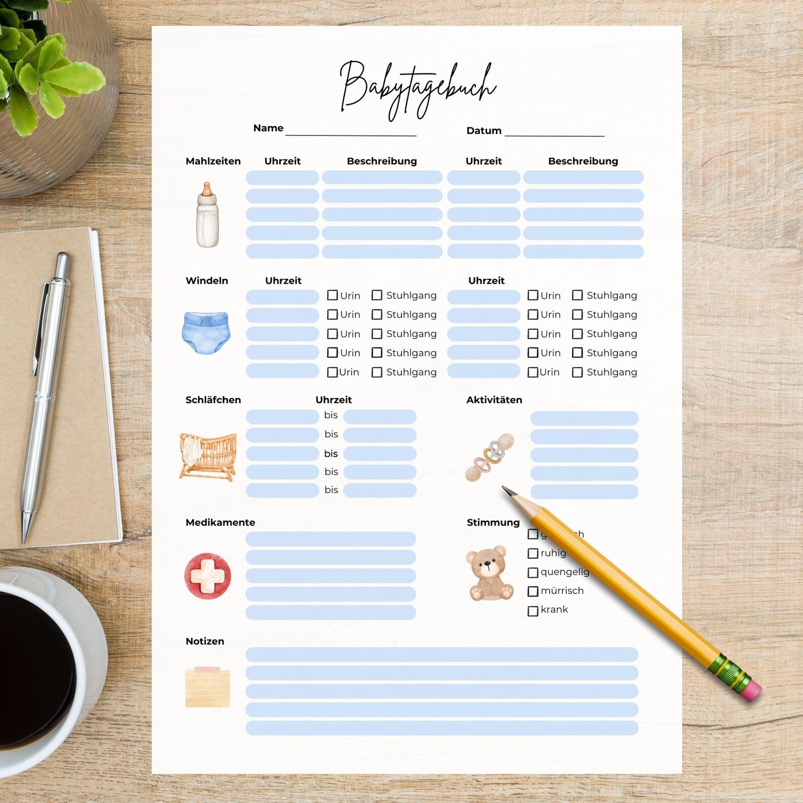 Baby Diary PDF Template for Printing - DIN A4 Daily Planner for Meals ...