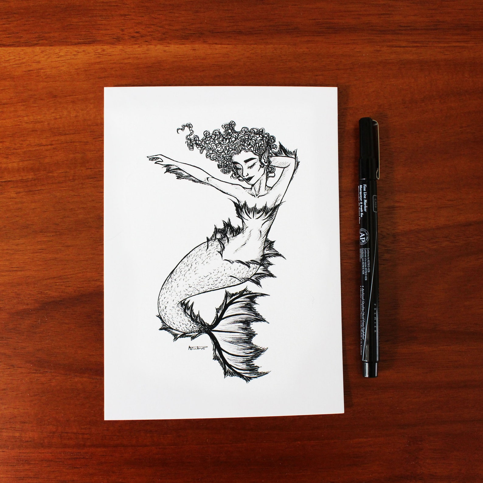Curly Mermaid, Ink Illustration, Postcard Print, Black and White, 5x7 ...