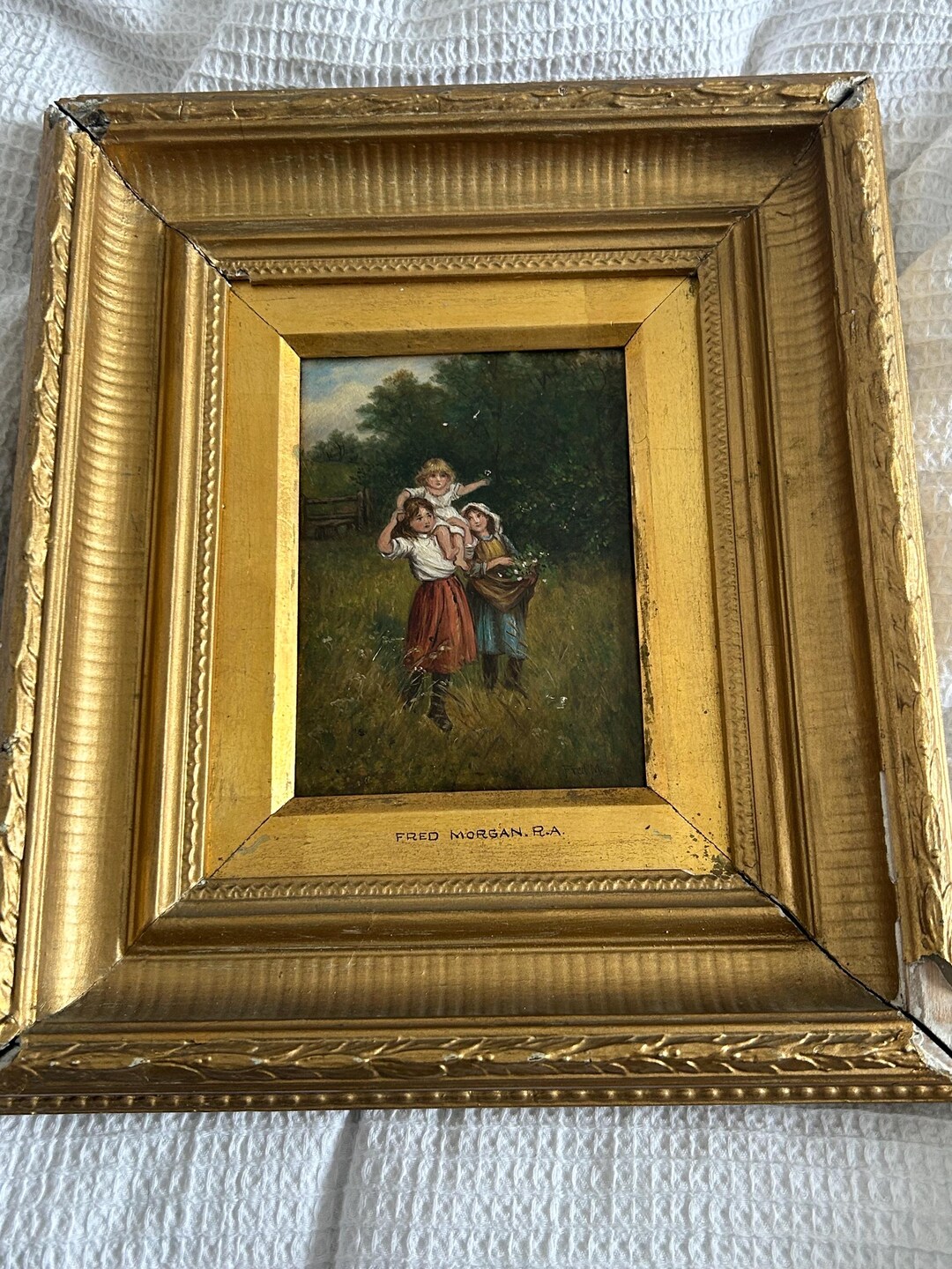 Small Victorian Oil Painting Three Children in a Field. Signed Fred ...