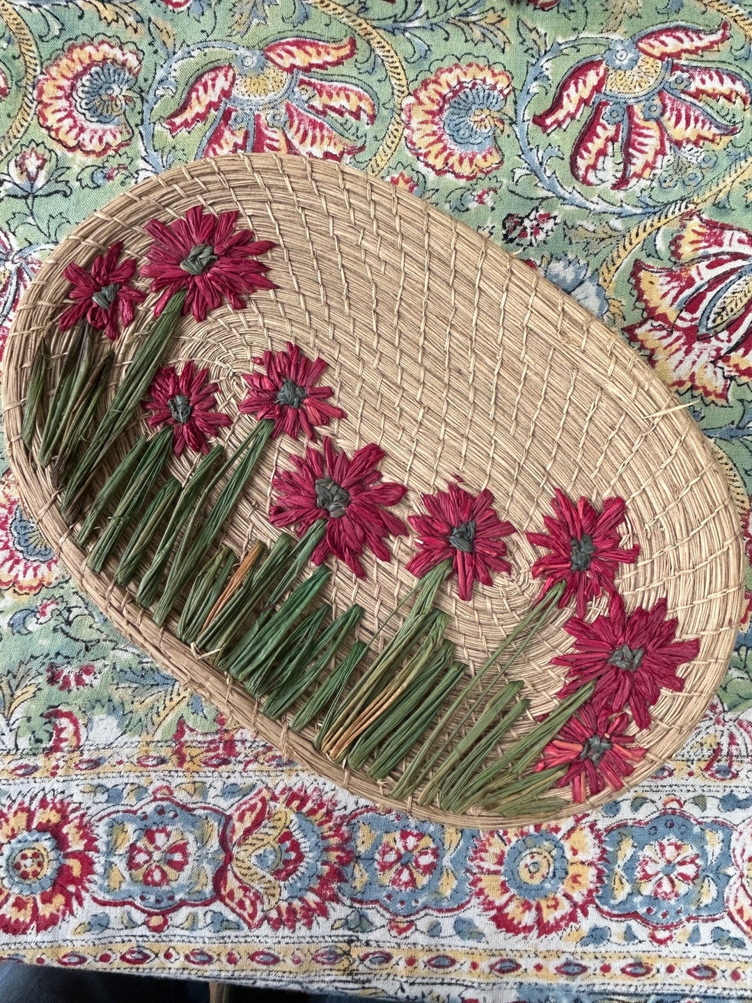 Vintage 50s 60s Straw Oval Raffia Rush Floral Satin Lined Sewing Basket ...