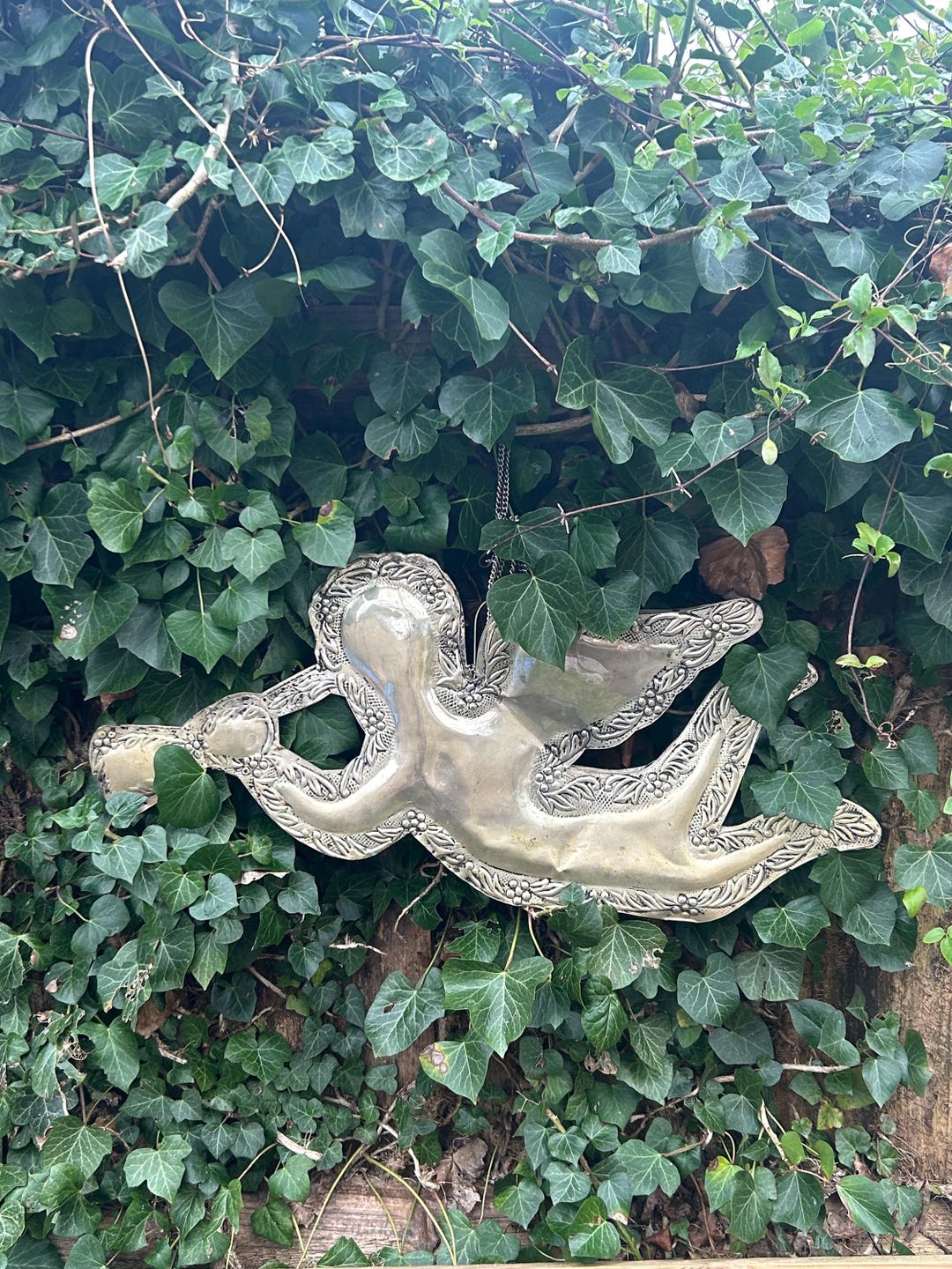 Vintage Large Silvered Metal Angel Cherub Hanging Decoration Christmas ...