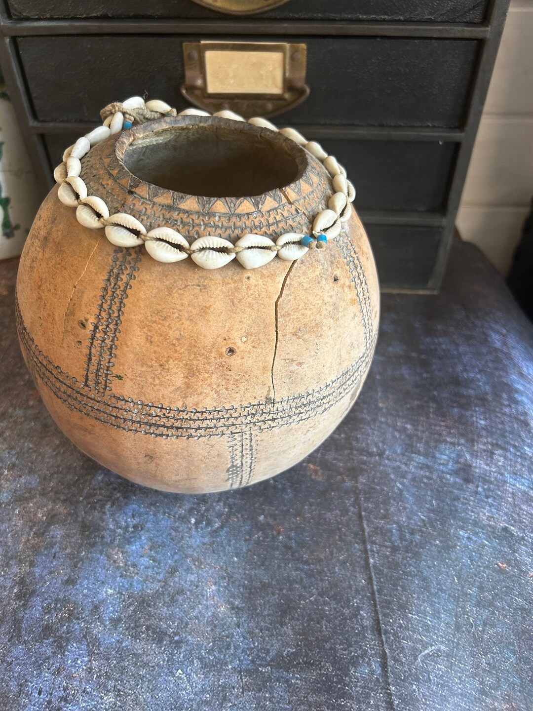 Vintage African Kenyan Carved Gourd With Cowrie Shells Vase, Tribal ...