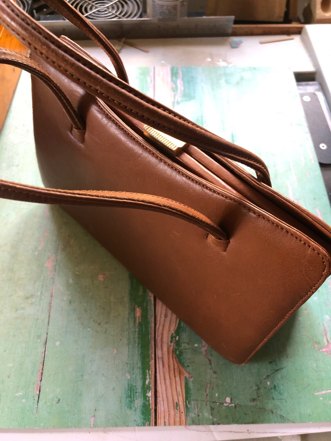 Vintge 50s 60s Chestnut Tan Leather Small Handbag, Clip Clasp Leather ...