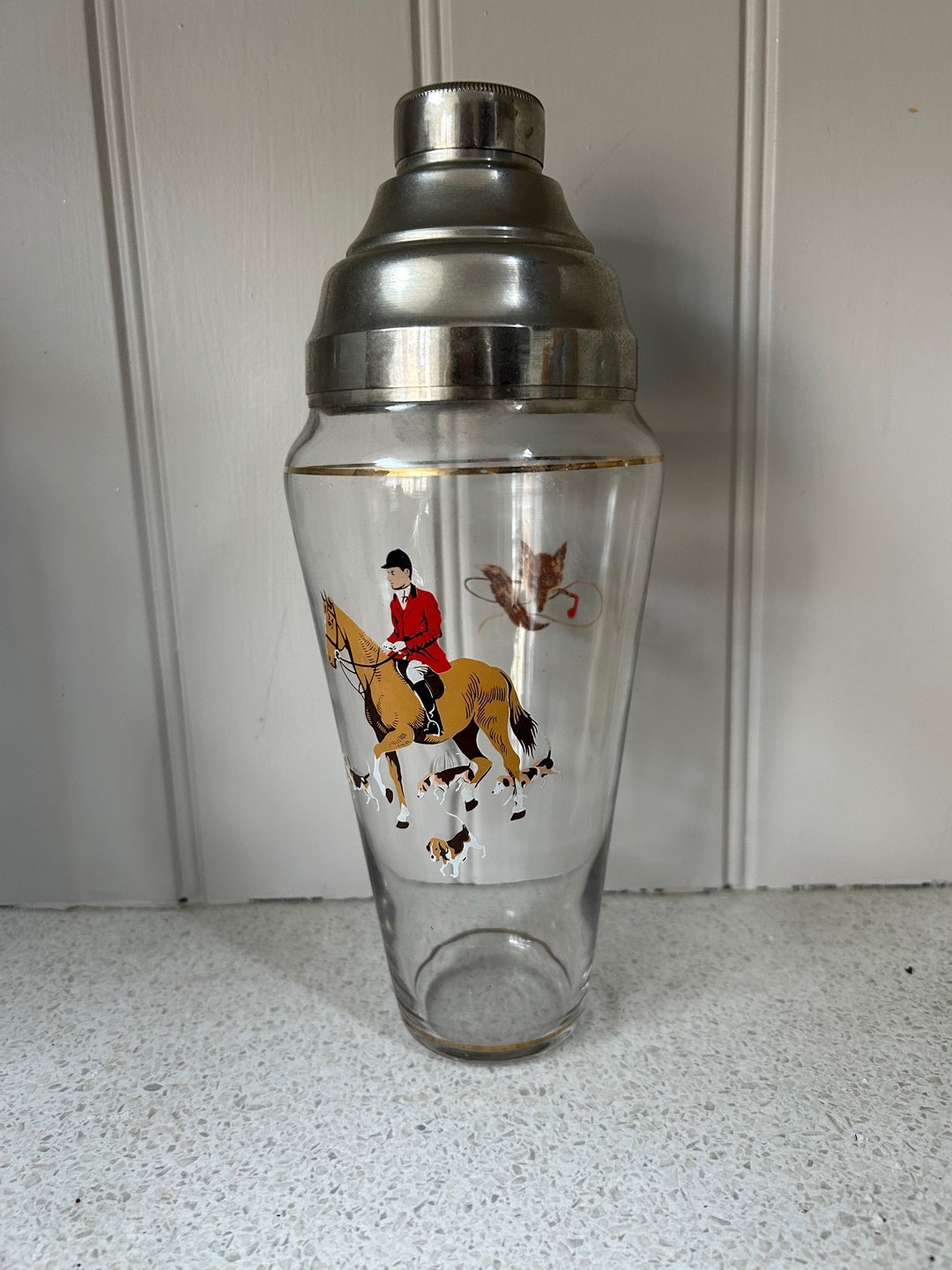 Vintage 1950s Glass and Chrome Large Cocktail Shaker With Horse Hunting ...