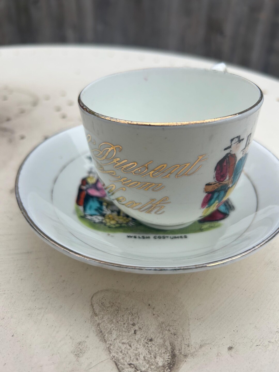 Antique Victorian Souvenir Cup and Saucer: Welsh Costumes, "a Present ...
