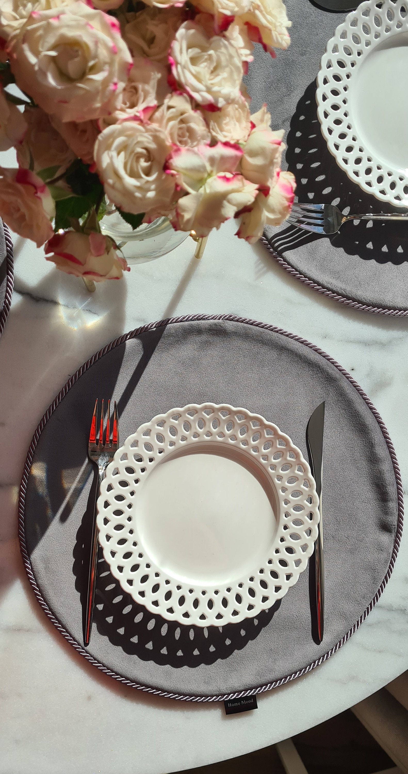Grey Velvet Placemats Set of 6, Round Placemats, Luxury Placemats ...