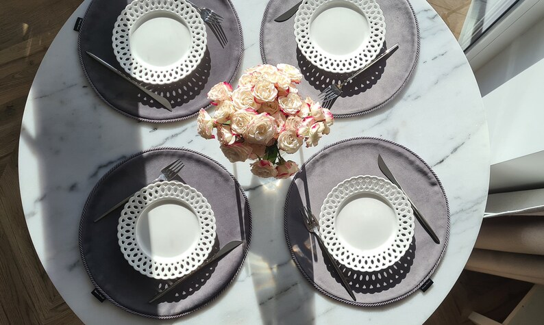 Grey Velvet Placemats Set of 6, Round Placemats, Luxury Placemats ...