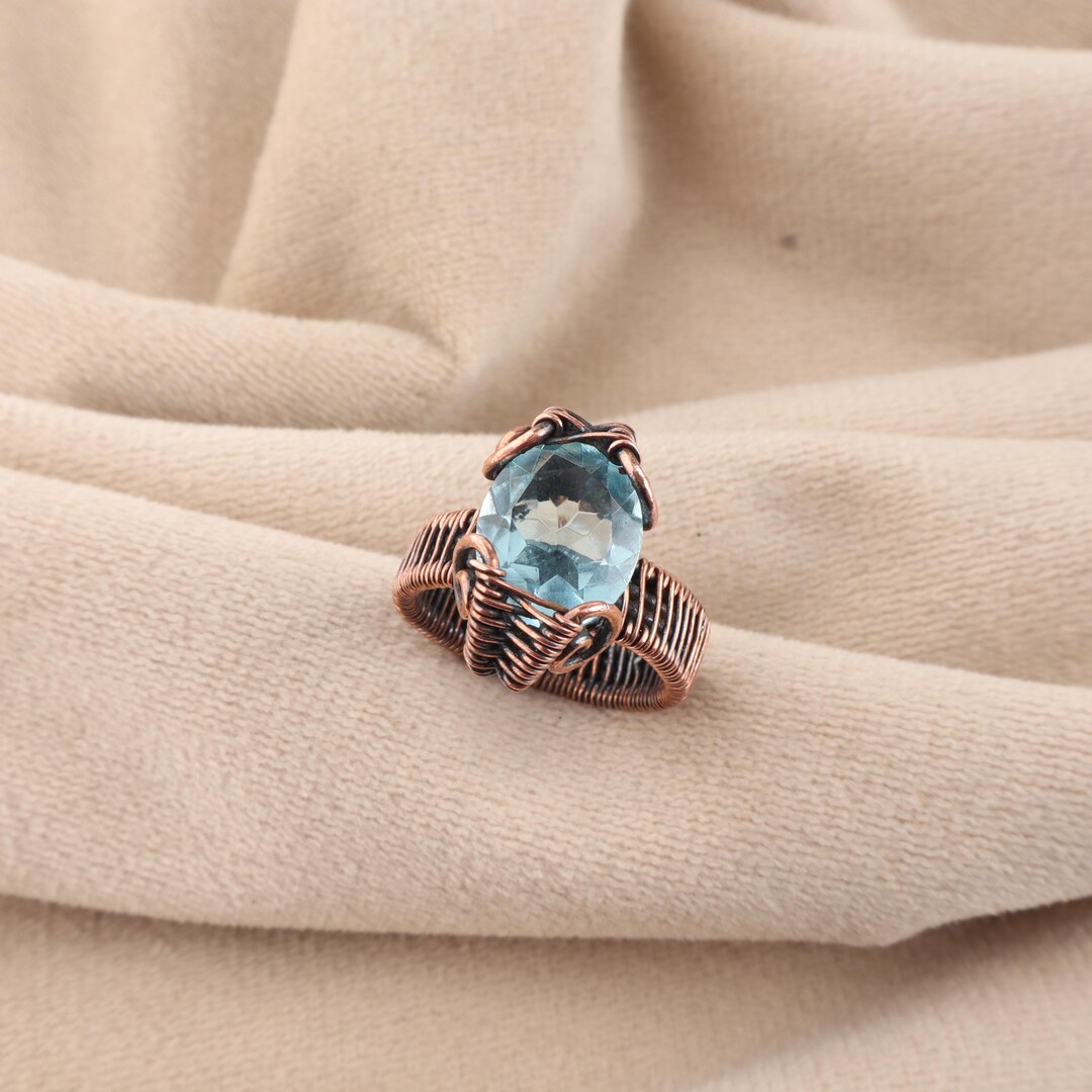 Sky Blue Topaz Stone Copper Ring, Wire Wrapped Statement Ring, Unique ...
