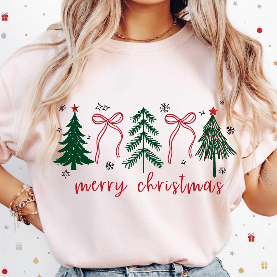 Merry Christmas Tree PNG – Preppy Doodle Trees With Red Bows – Cute ...