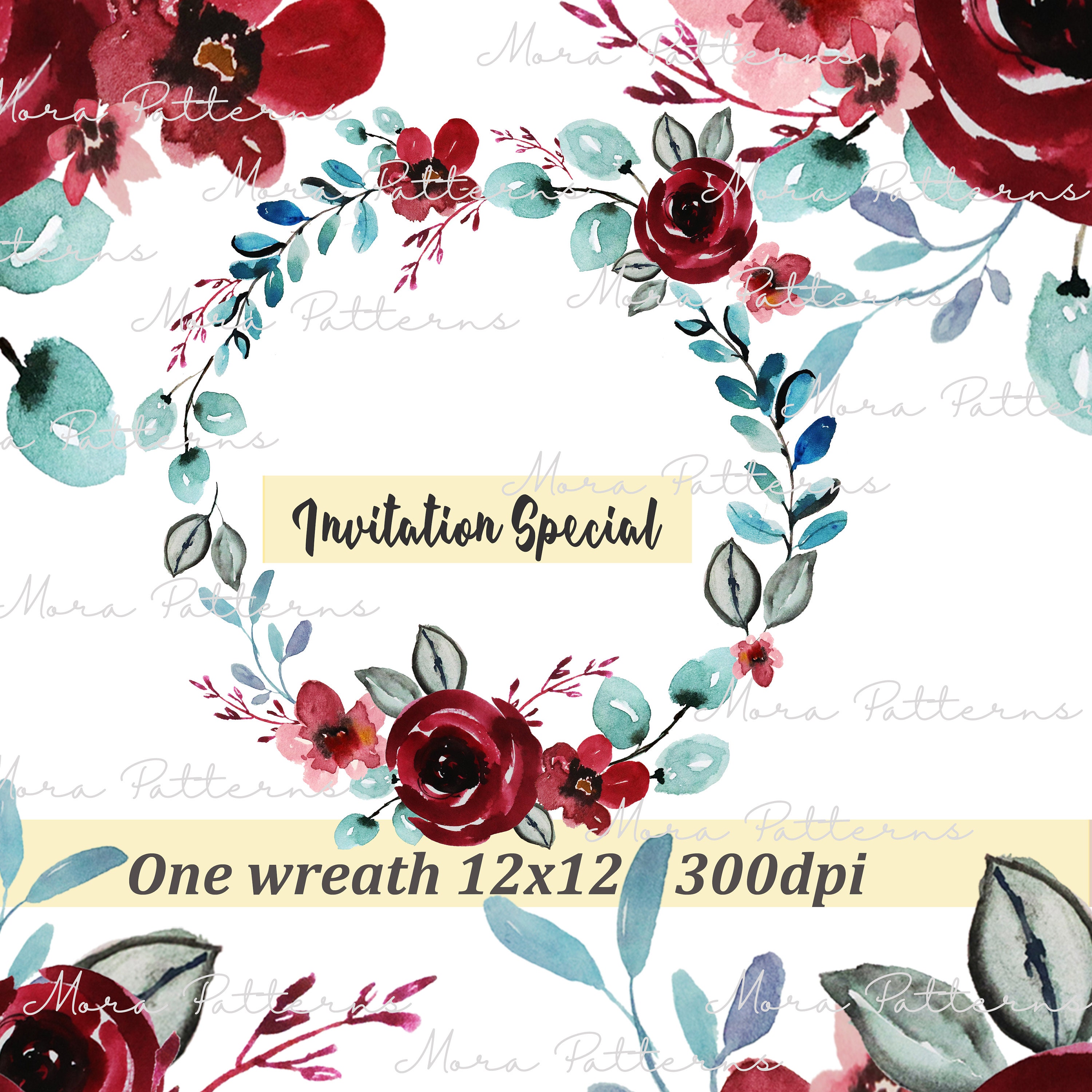 Burgundy Floral Wreath Clipart, Invitation Graphics, Holiday Clipart ...