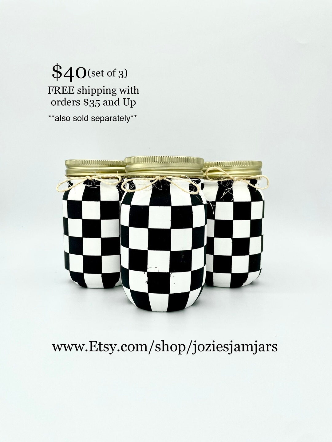 Set of 3 Black and White Painted Checkered Mason Jars/ Party - Etsy
